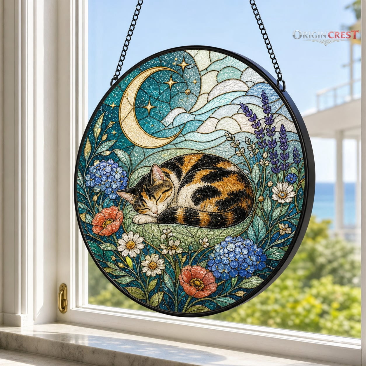 Calico Cat Stained Glass Suncatcher with Wildflowers, Handmade Window ...