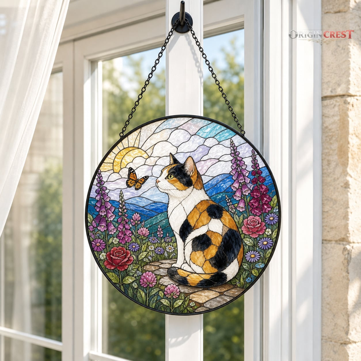 Calico Cat Suncatcher with Wildflower Meadow - Floral Window Hanging ...
