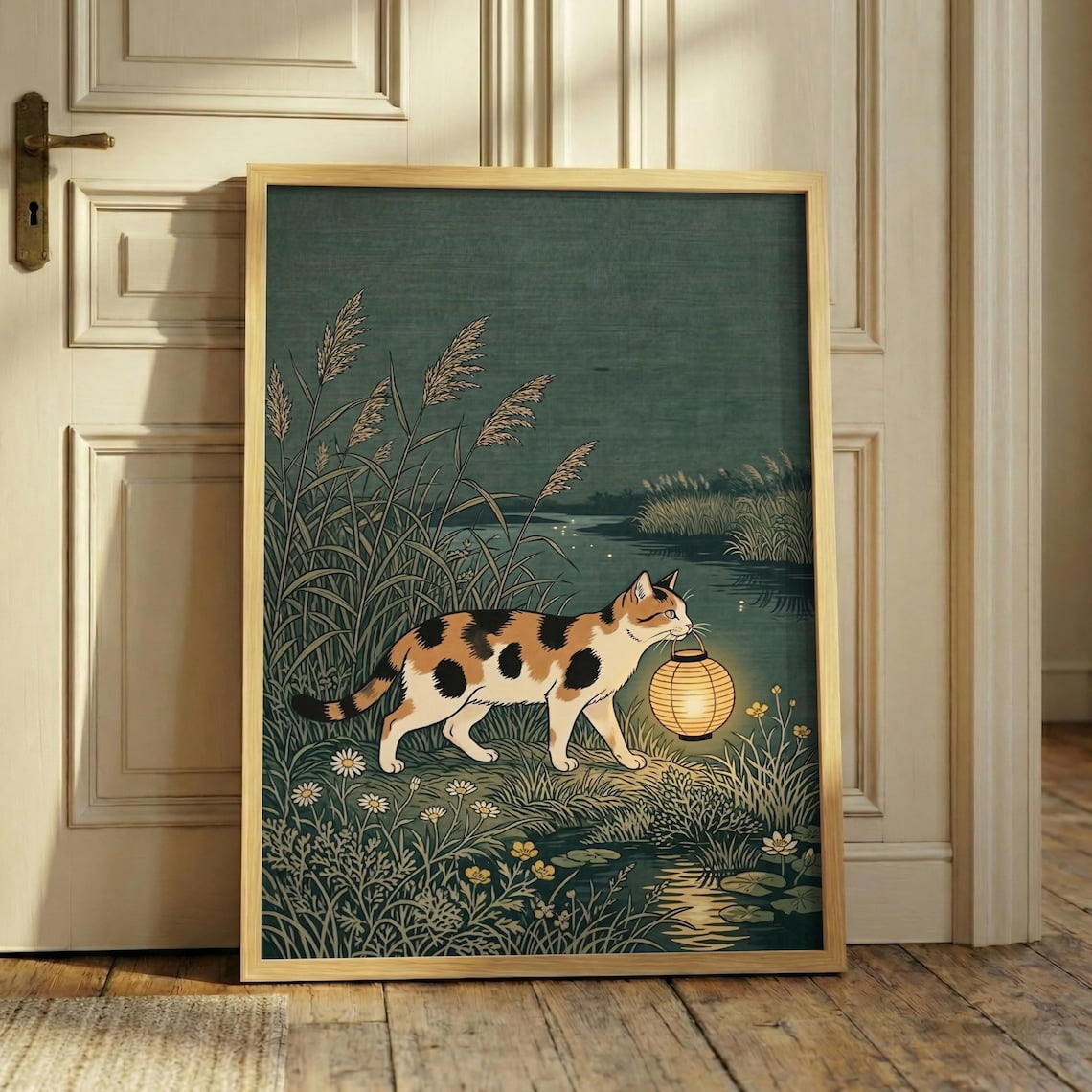 Calico Cat With Lantern Japanese Woodblock Moody Green Ukiyoe Vintage ...