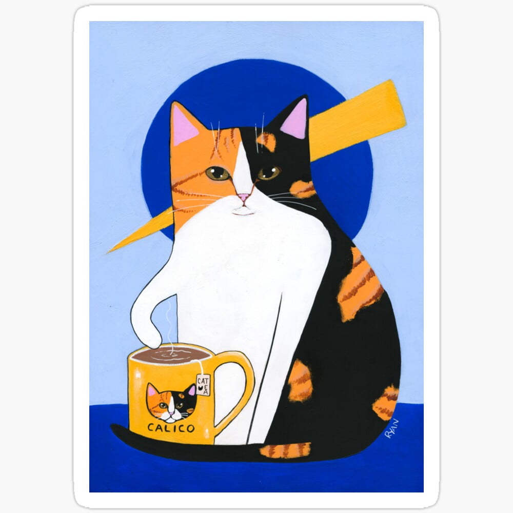Calico Cat With Tea Sticker Phone Decal Water Bottle Stickers Car ...