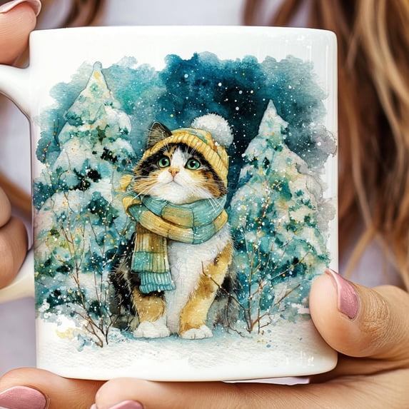 Calico Cat in Christmas Tree Forest, Holiday Coffee Cup, Calico Kitty ...