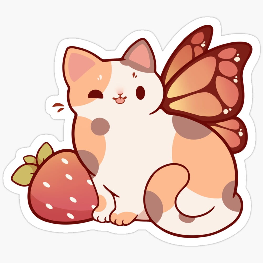 Calico Strawberry Fairy Cat Sticker Phone Decal Water Bottle Stickers ...