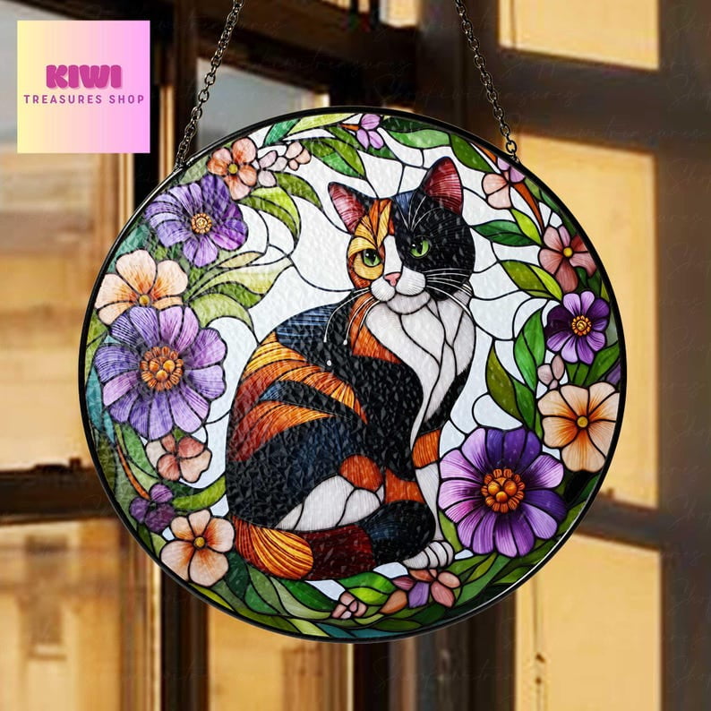 Calico cat among flowers GLASS suncatcher Hanging, Calico cat glass ...