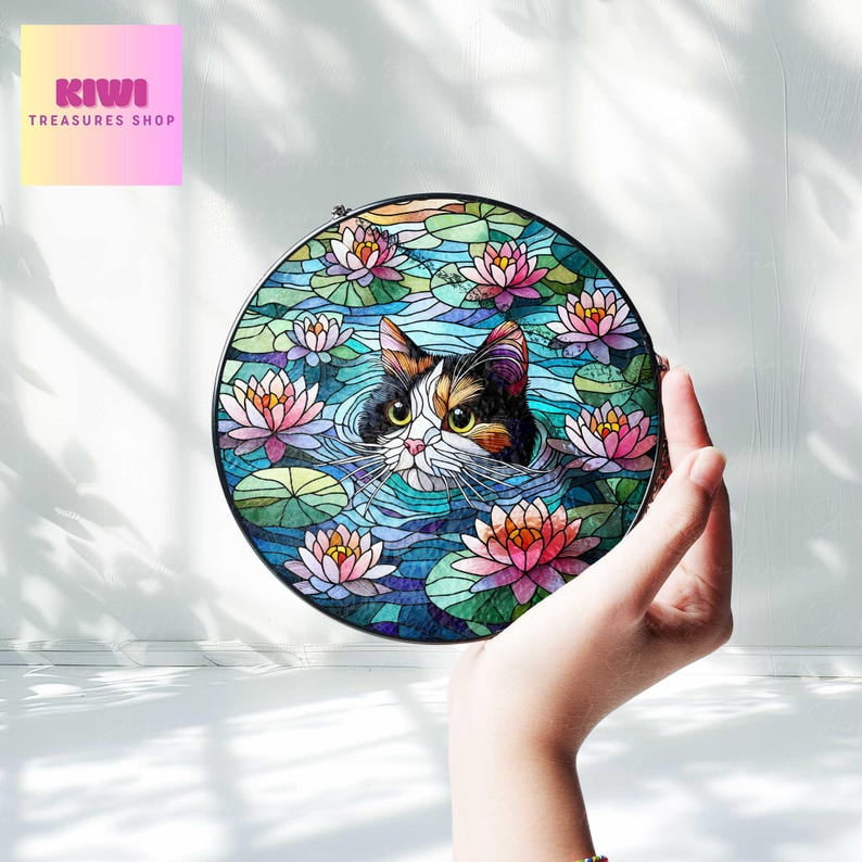 Calico cat and water lilies GLASS suncatcher Hanging, Calico cat glass ...