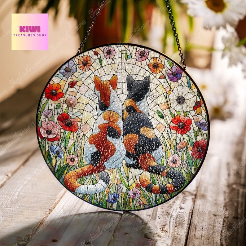 Calico cat couple wildflowers GLASS suncatcher Hanging, Calico cat ...