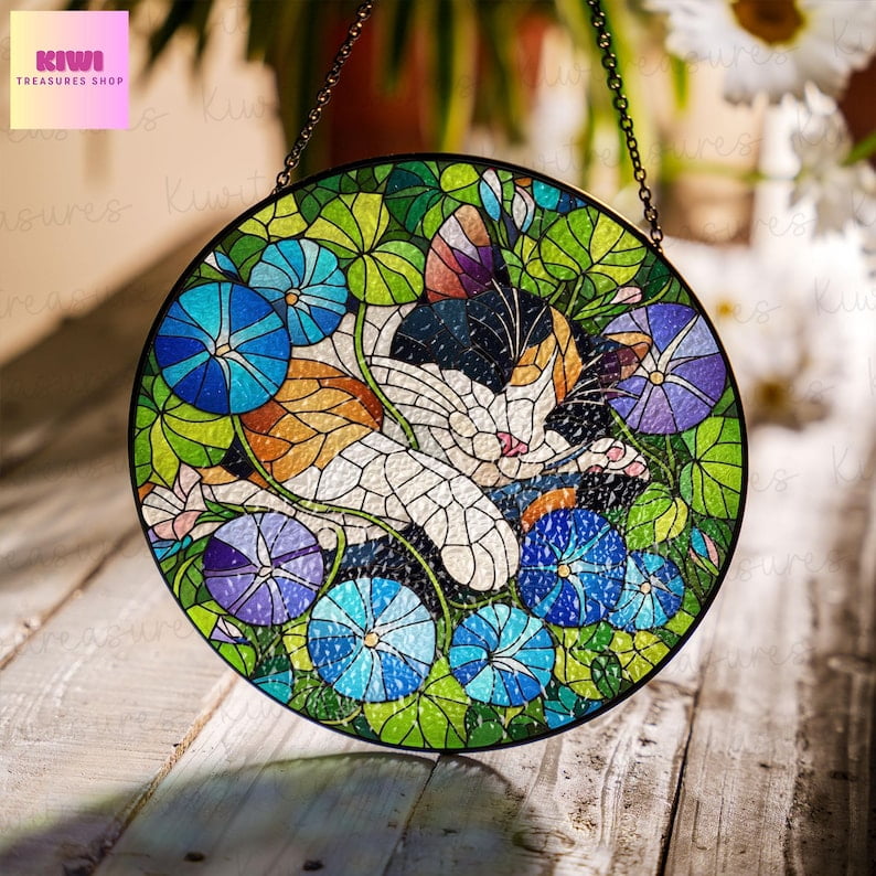 Calico cat sleep among morning glory flowers GLASS suncatcher Hanging ...