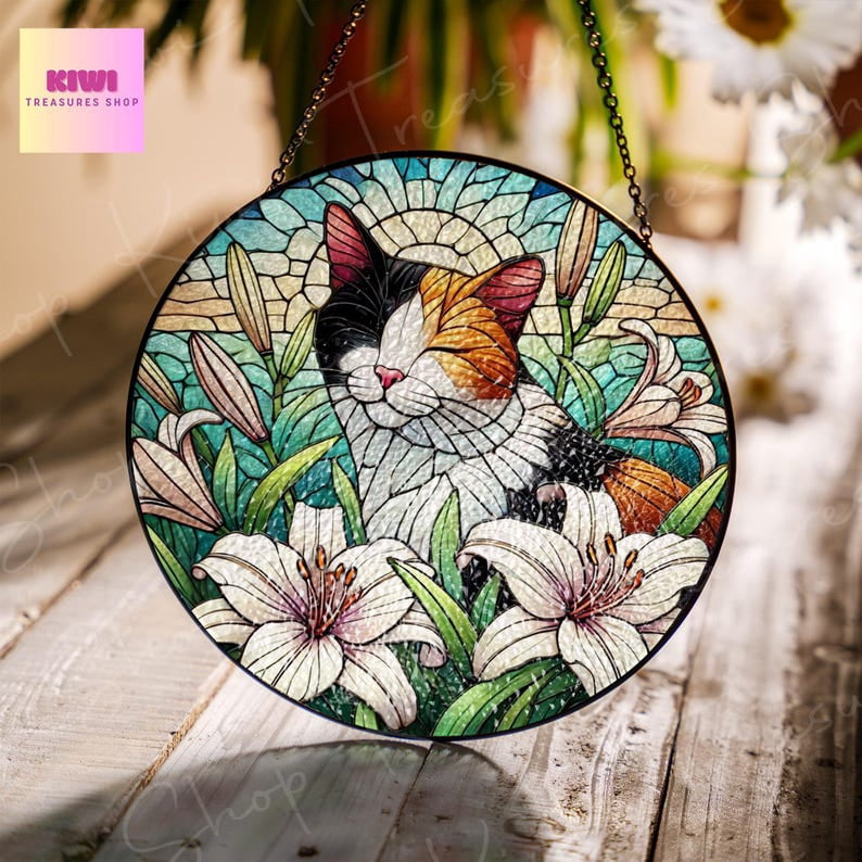 Calico cat smelling white lilies GLASS suncatcher Hanging, Calico cat ...