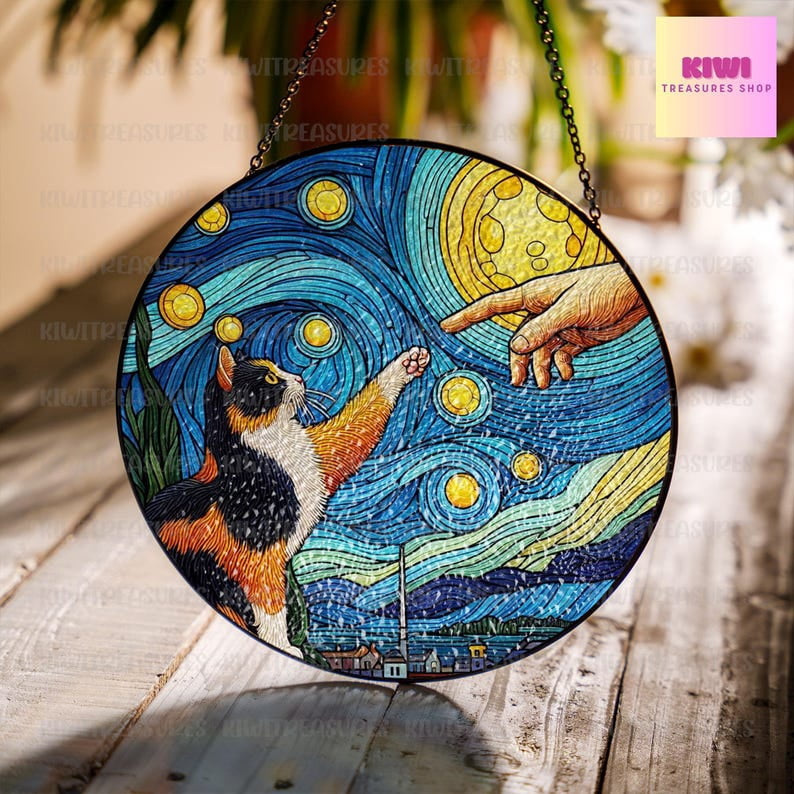 Calico cat touching human hand GLASS suncatcher Hanging, Calico cat ...
