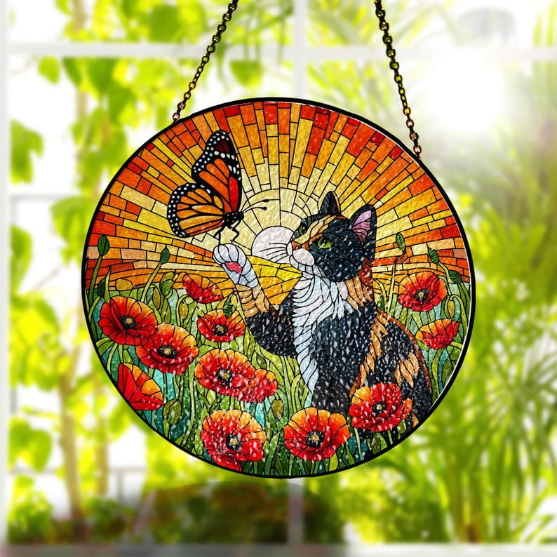 Calico cat touching monarch GLASS suncatcher Hanging, Calico cat glass ...
