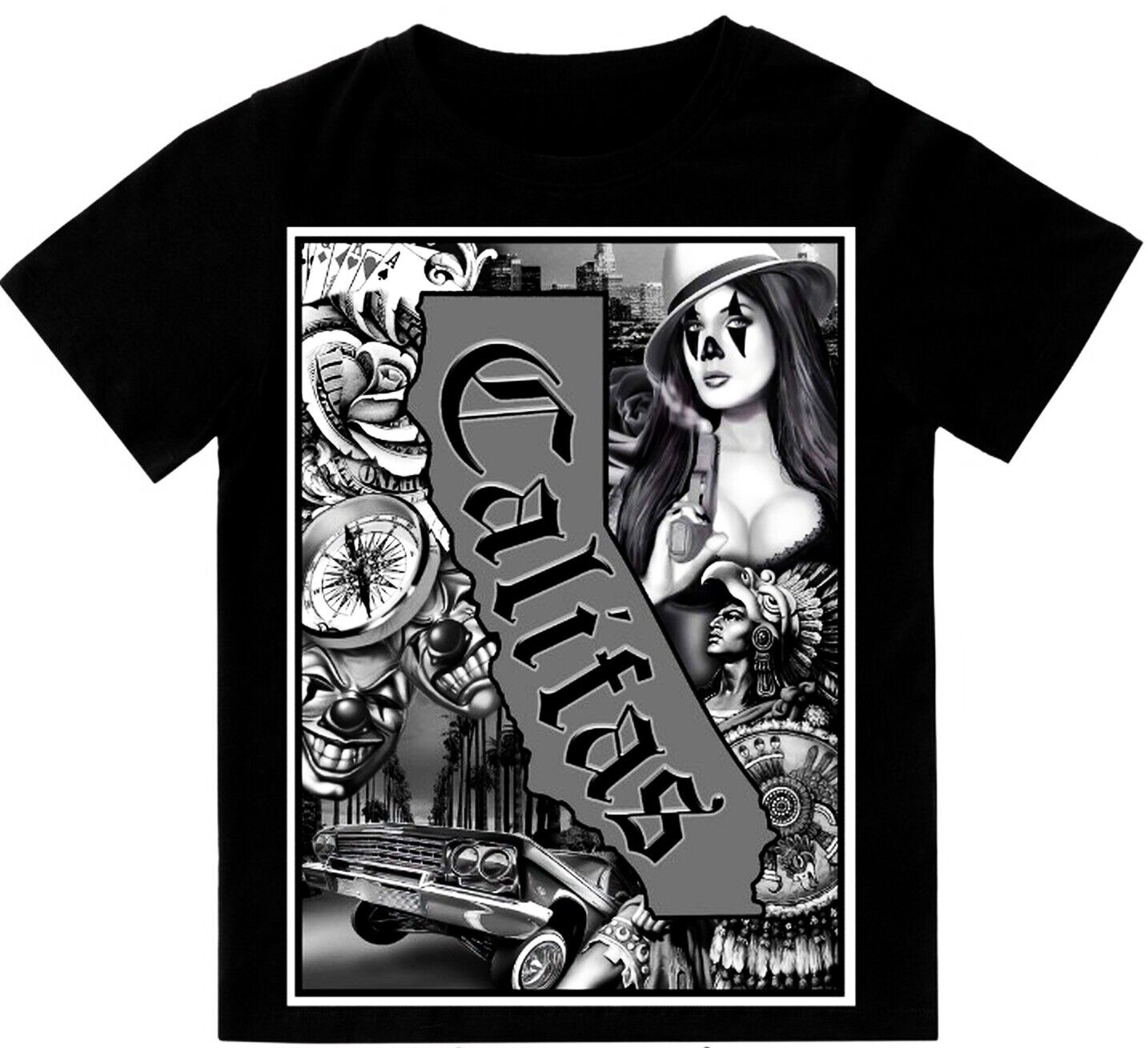 Califas Chicano Art California Map Mens Printed T-Shirt On Shaka ...