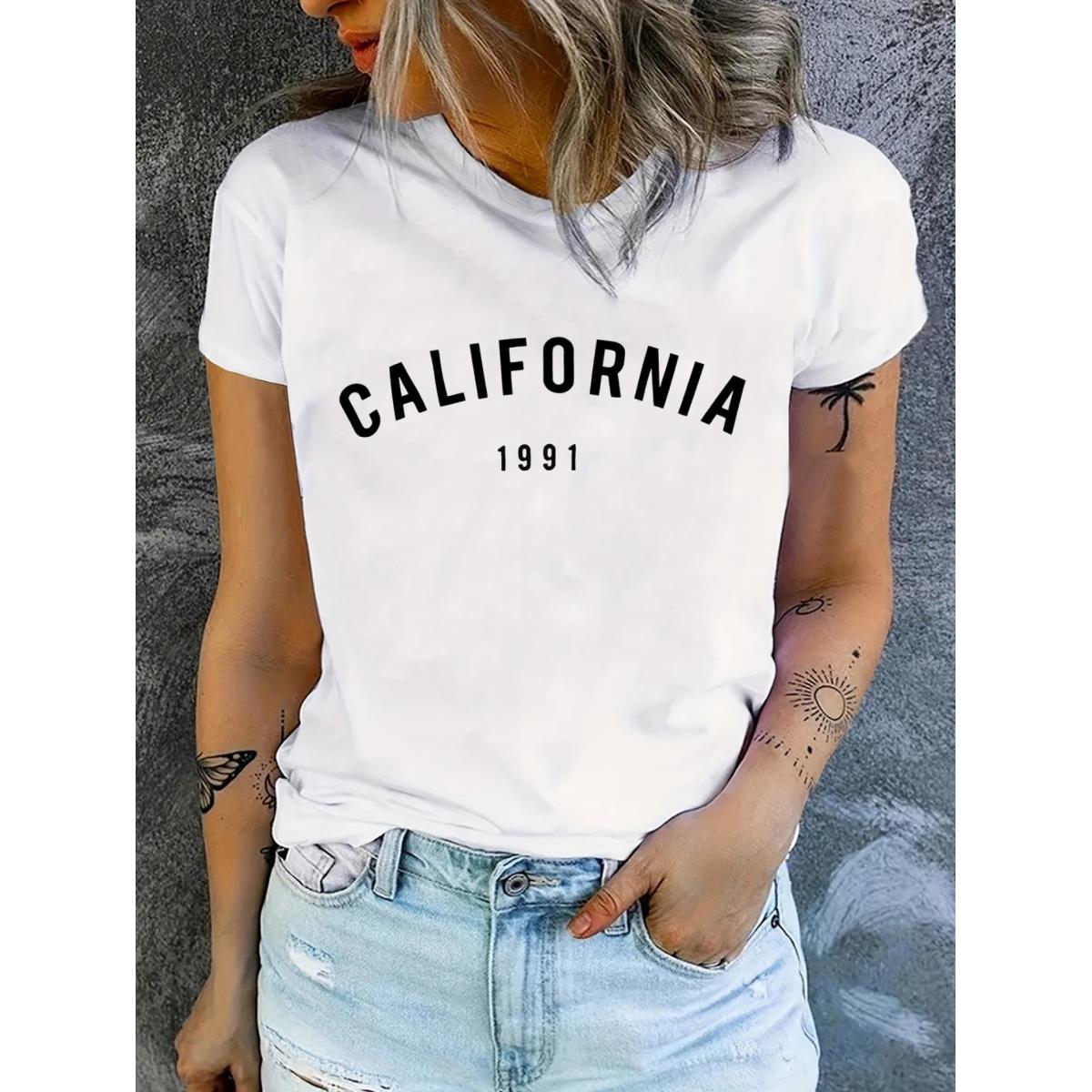 California 1991 Print Crew Neck T-Shirt, Casual Short Sleeve T-Shirt ...