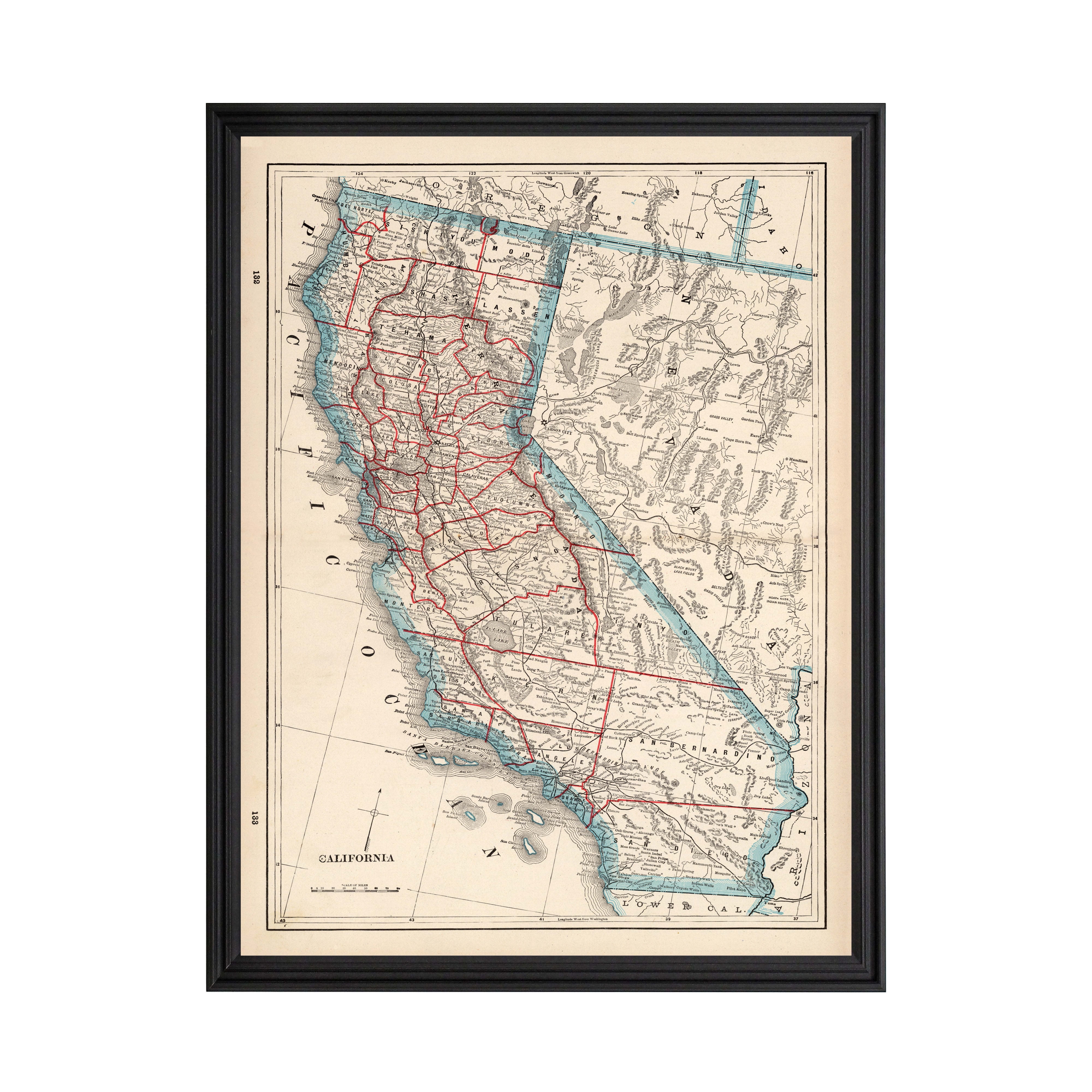 California Art, 1893 Vintage Map of California History Wall Decor Gift ...