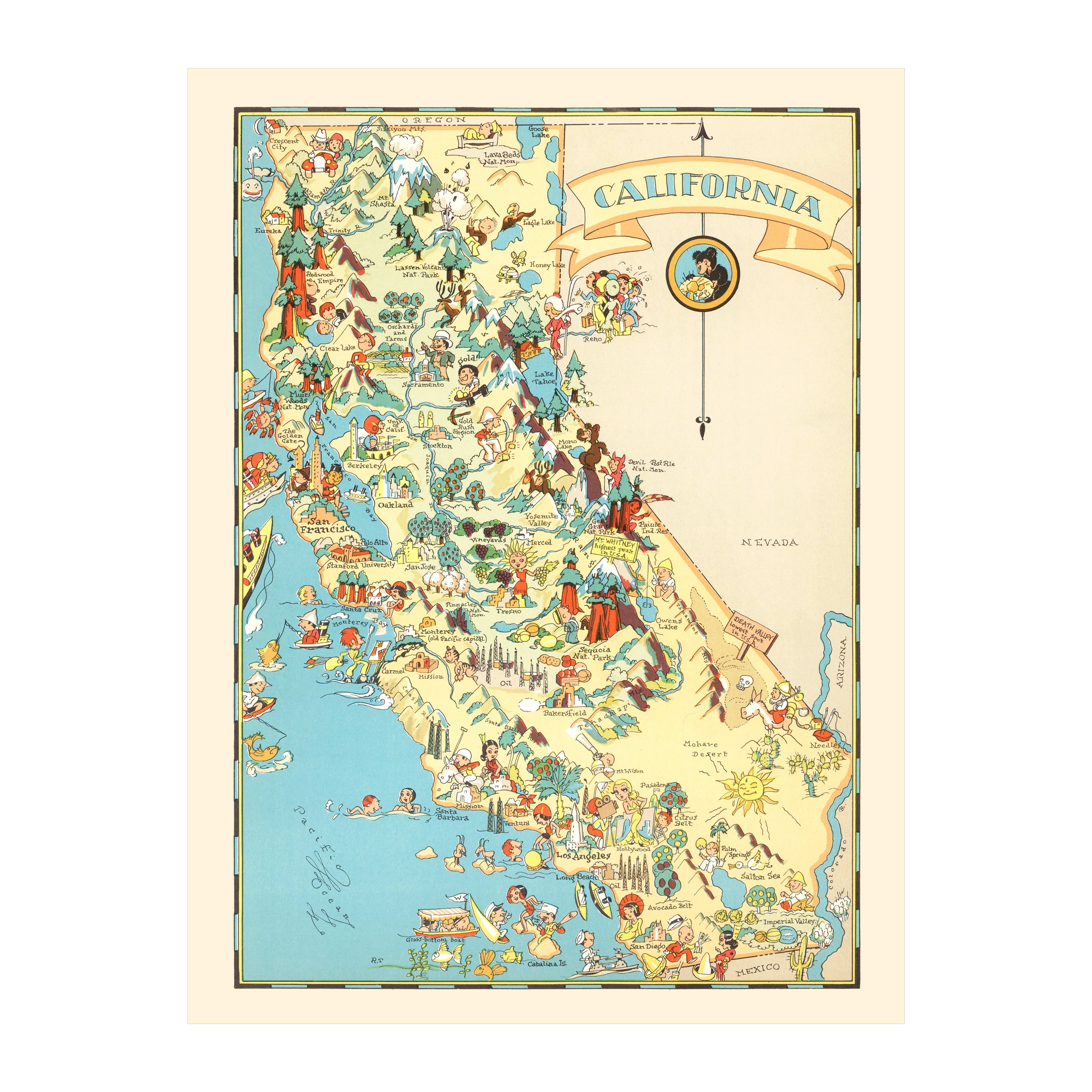 California Art, 1935 Vintage Map of California History Wall Decor Gift ...