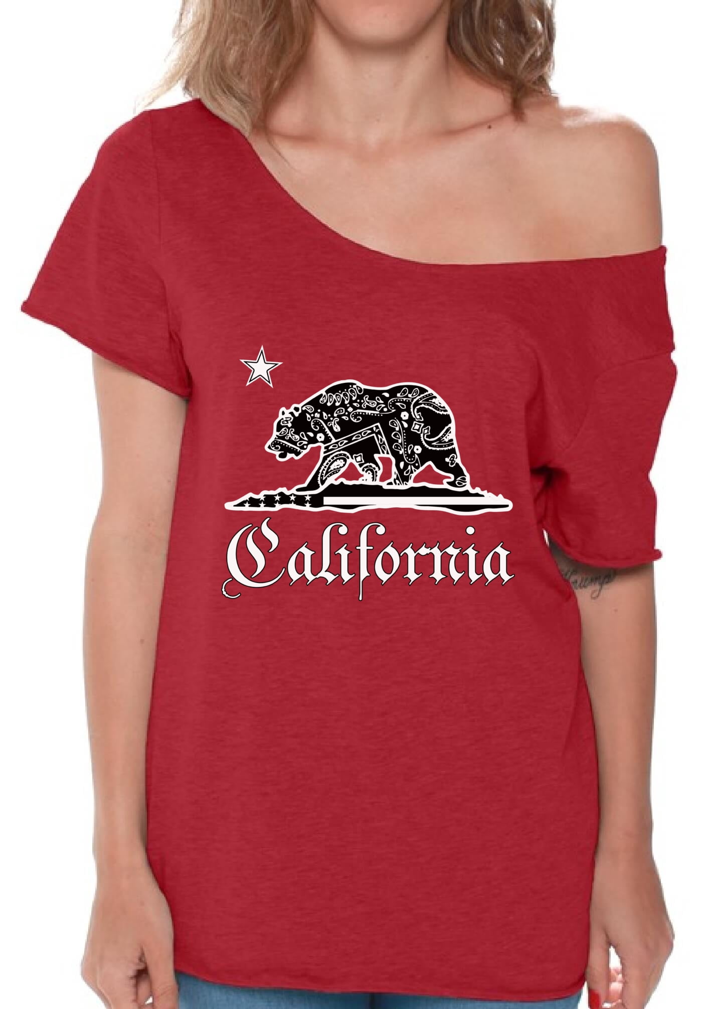 California Bandana Bear Print Off Shoulder Shirt for Women - California ...