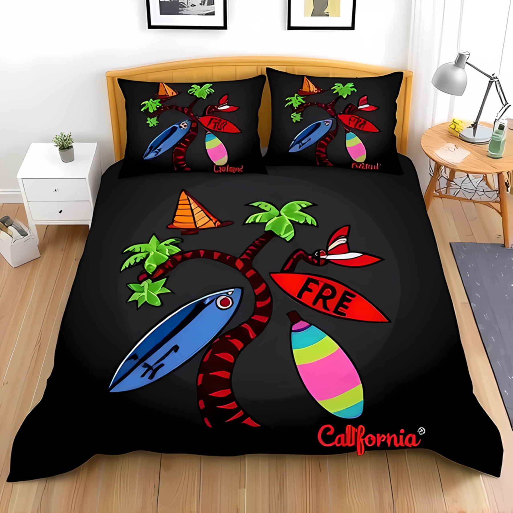 California Beach 3-Piece Duvet Cover Set - Vibrant Trees Surfboards ...