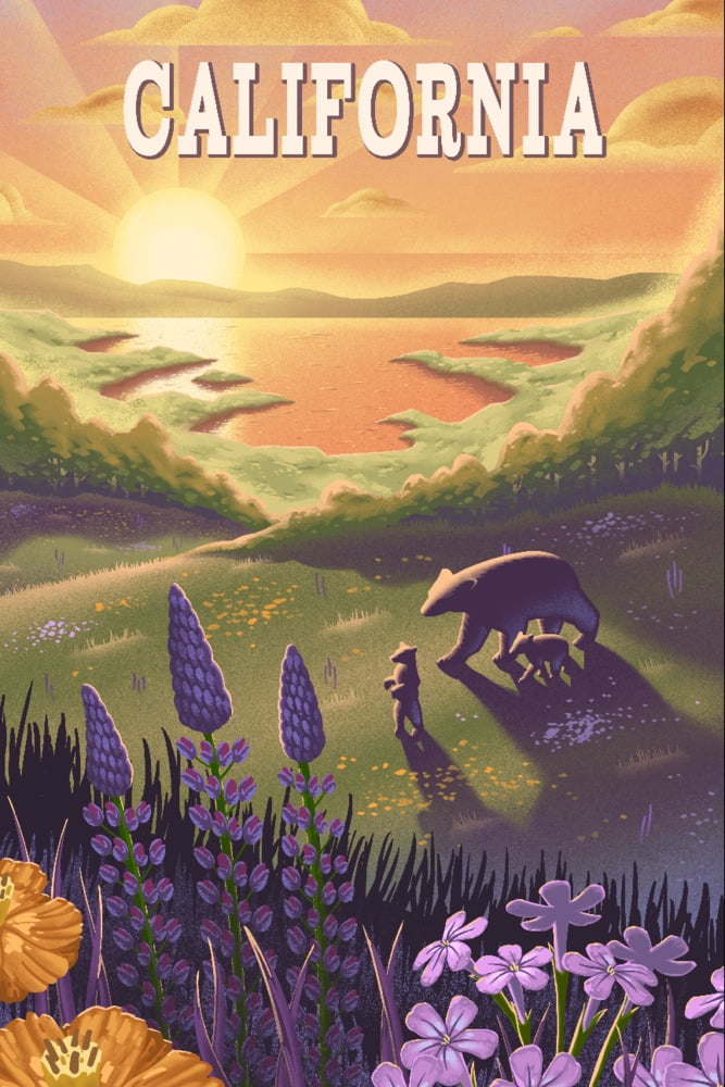 California, Bear and Spring Flowers, Lithograph (24x36 Giclee Gallery ...