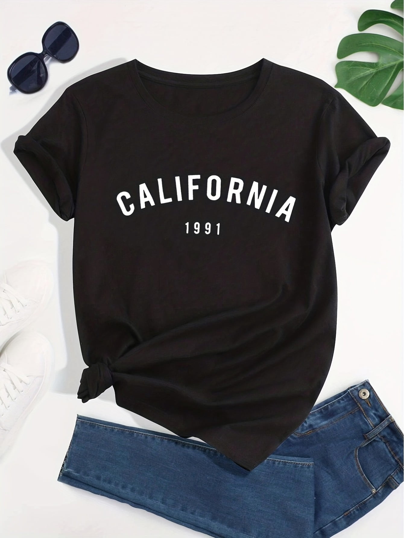 California Chic - Soft Crew Neck Short Sleeve T-Shirt with Graphic ...
