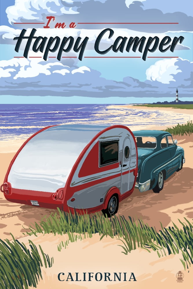 California Coast, I'm a Happy Camper, Retro Camper on Beach (36x54 ...