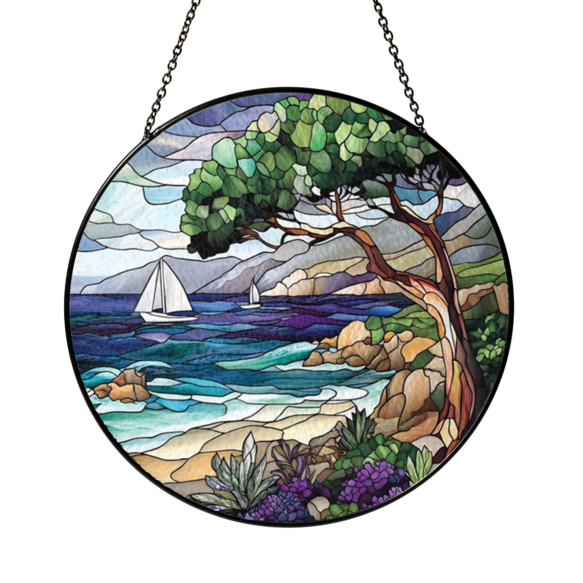California Coast Ocean Landscape Stained Glass Style Holiday Ornament ...