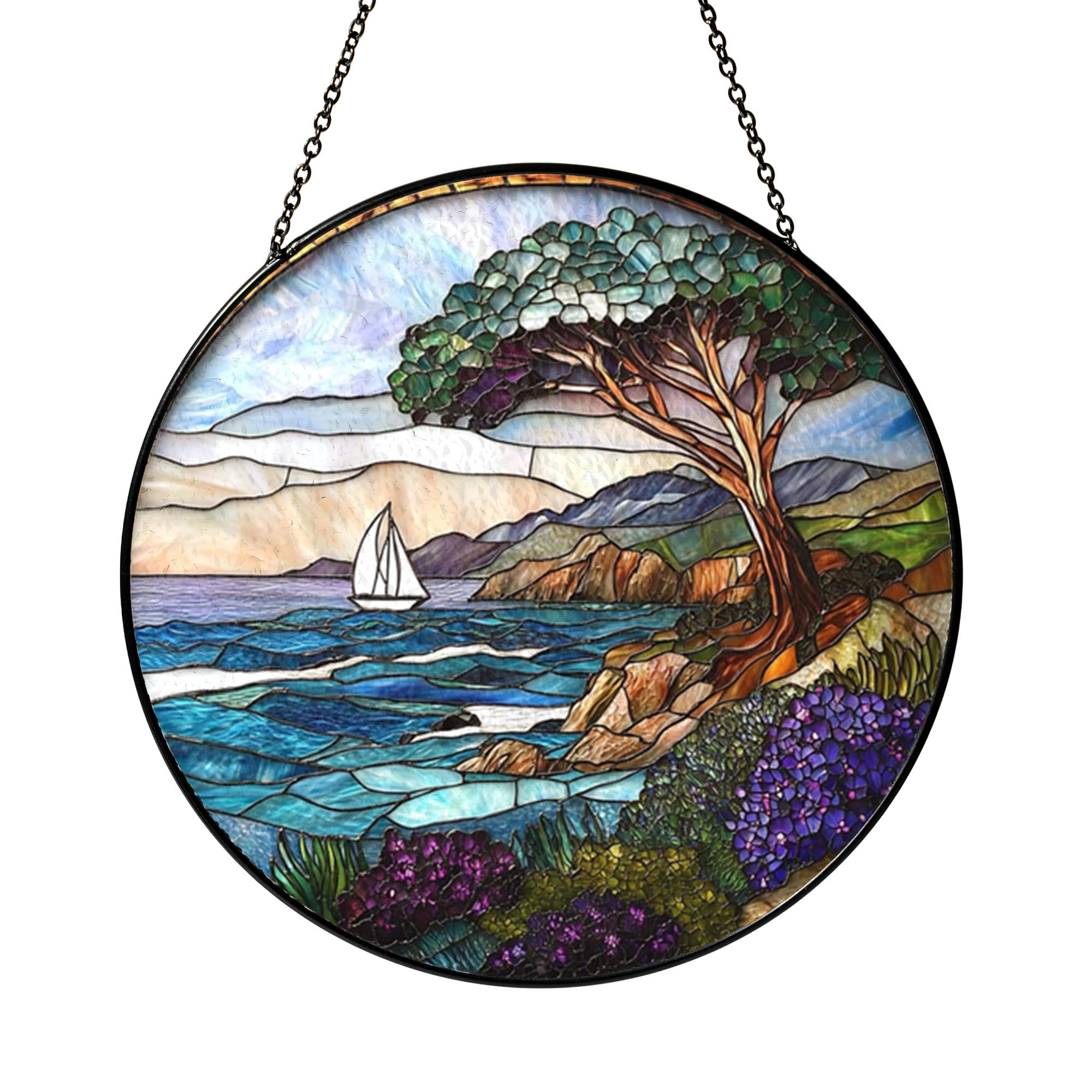 California Coastal Scene Stained Glass Style Holiday Ornament, Ocean ...