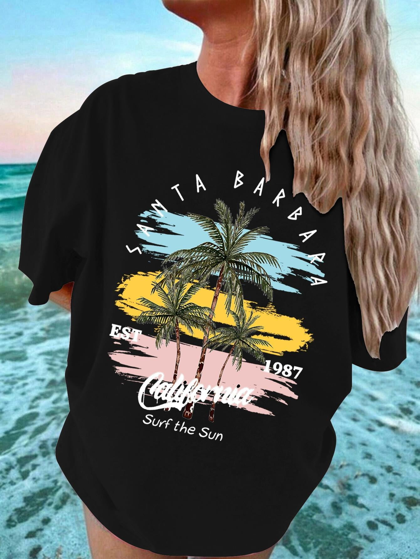 California Coconut Trees Graphic Print Trendy T-shirt, Soft & Elastic Comfy Crew Neck Short ...
