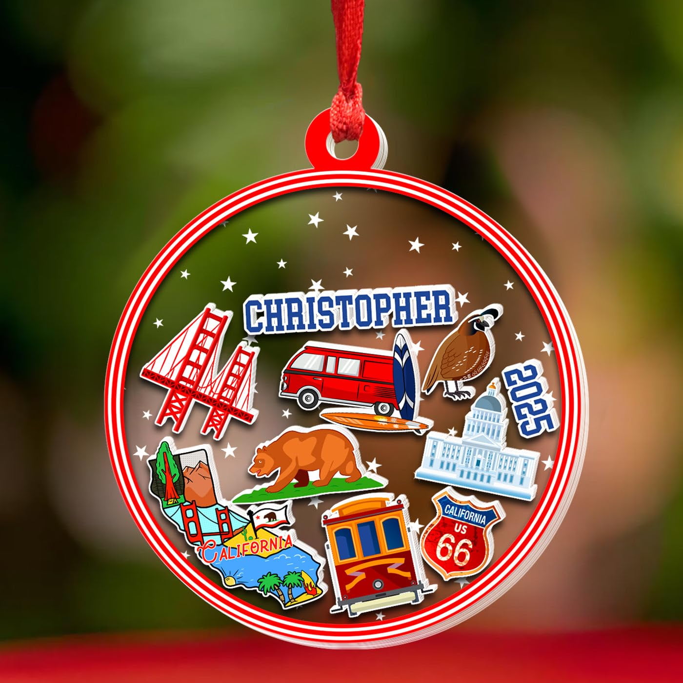 California Culture 3 Layers Shaker Ornament, Personalized Travel ...
