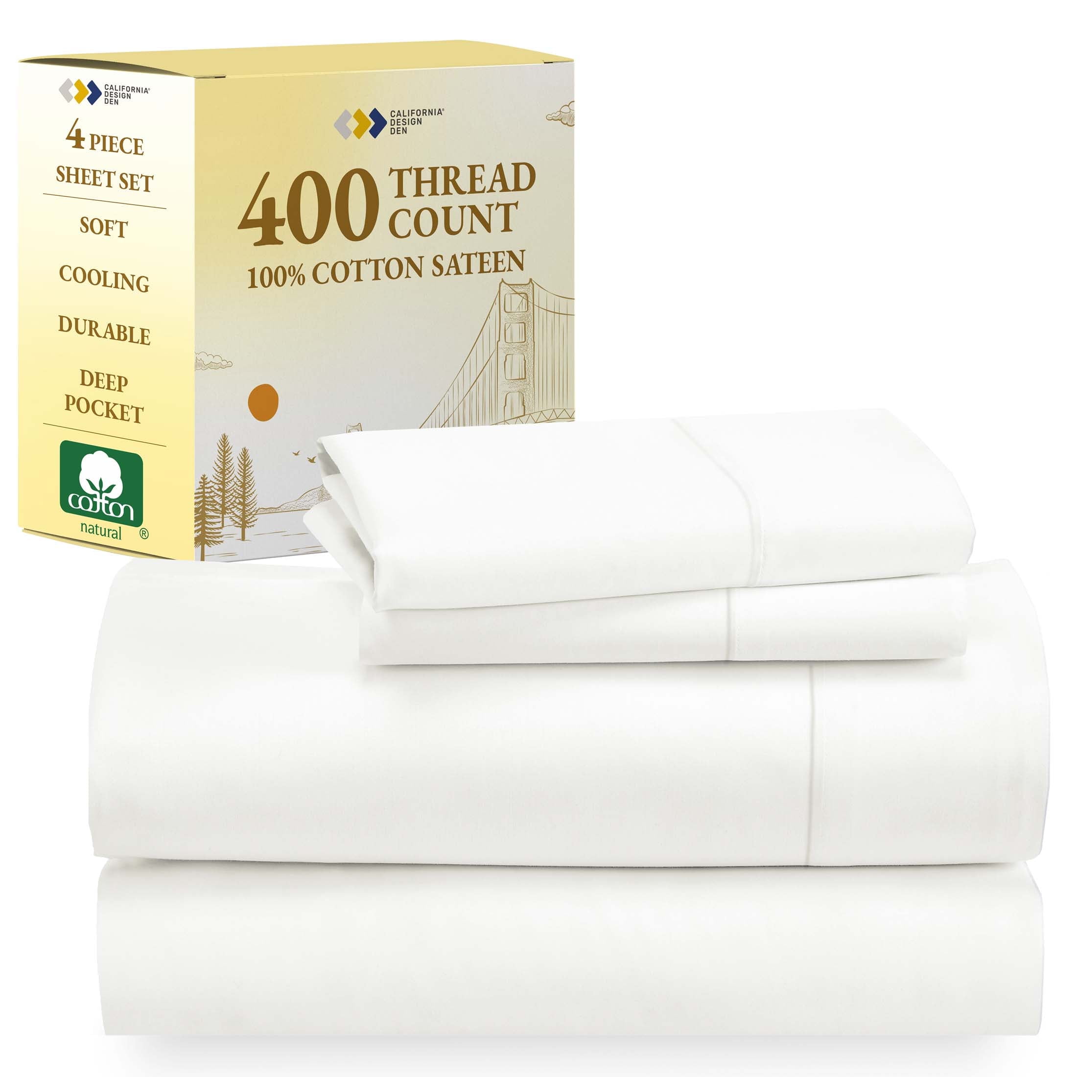California Design Den Queen Bed Sheets - 400TC 100% Cotton Sateen ...