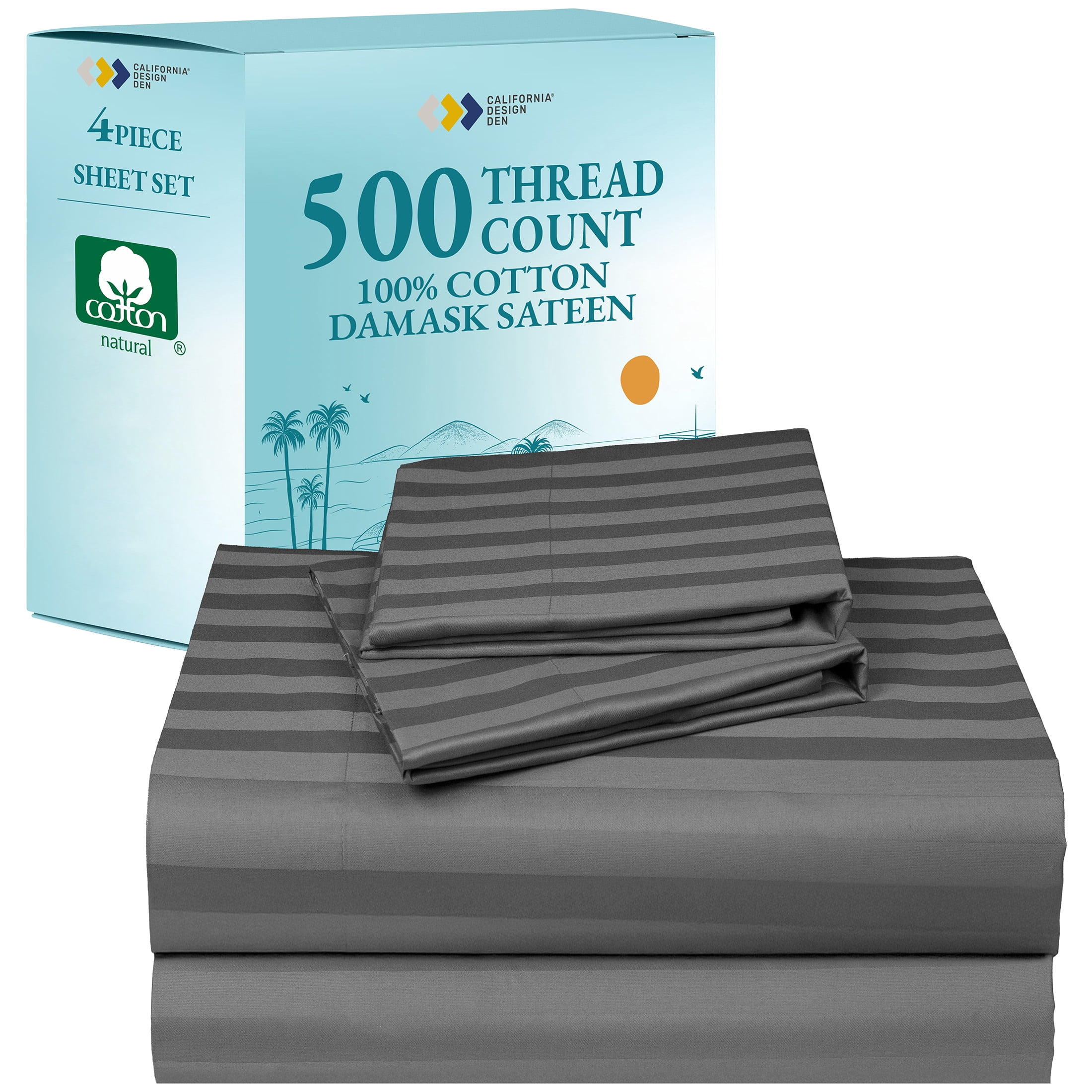 California Design Den Striped King Size Sheets, 500 Thread Count Cotton ...