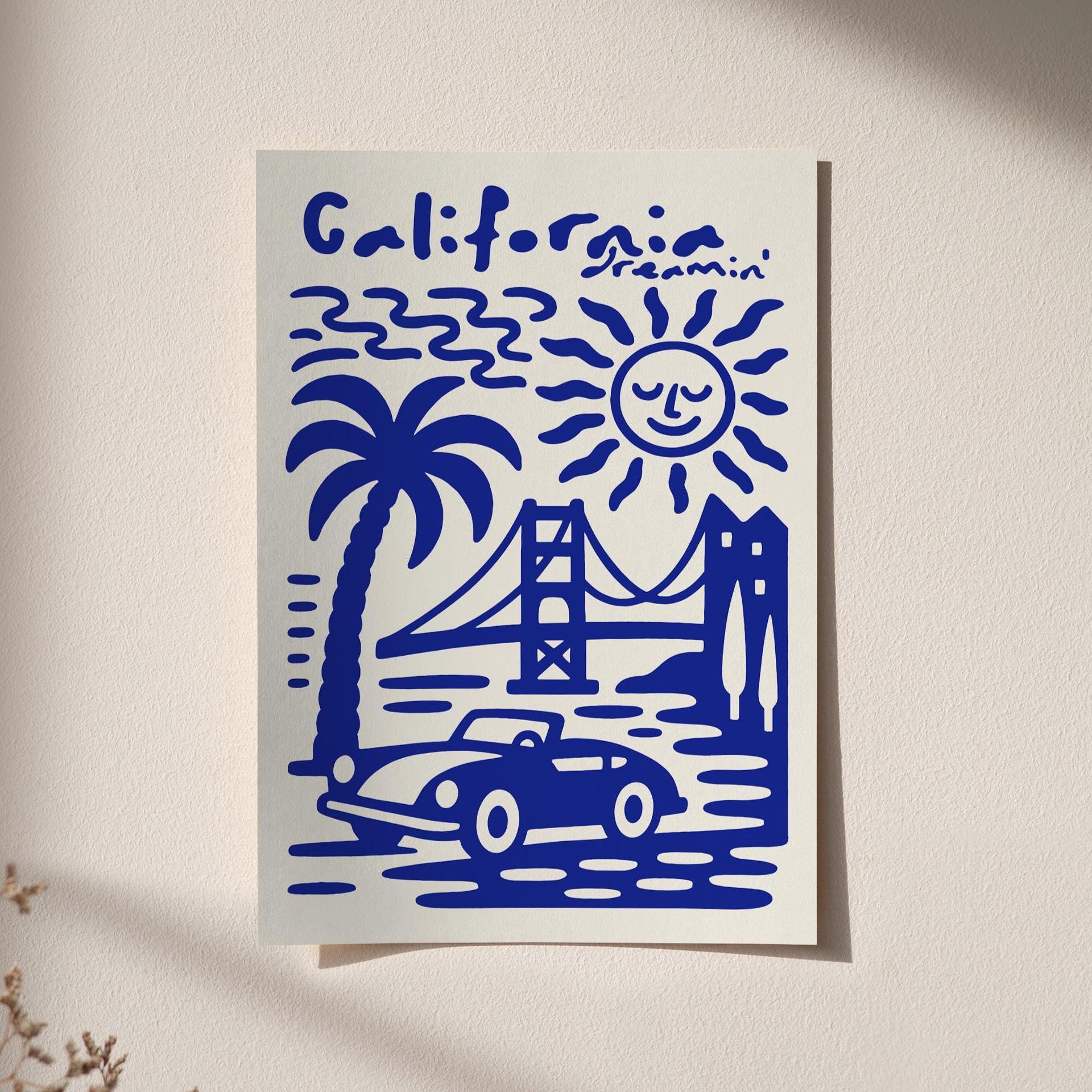 California Dreamin' Blue Art Print, Retro Travel Poster UNFRAMED Poster ...