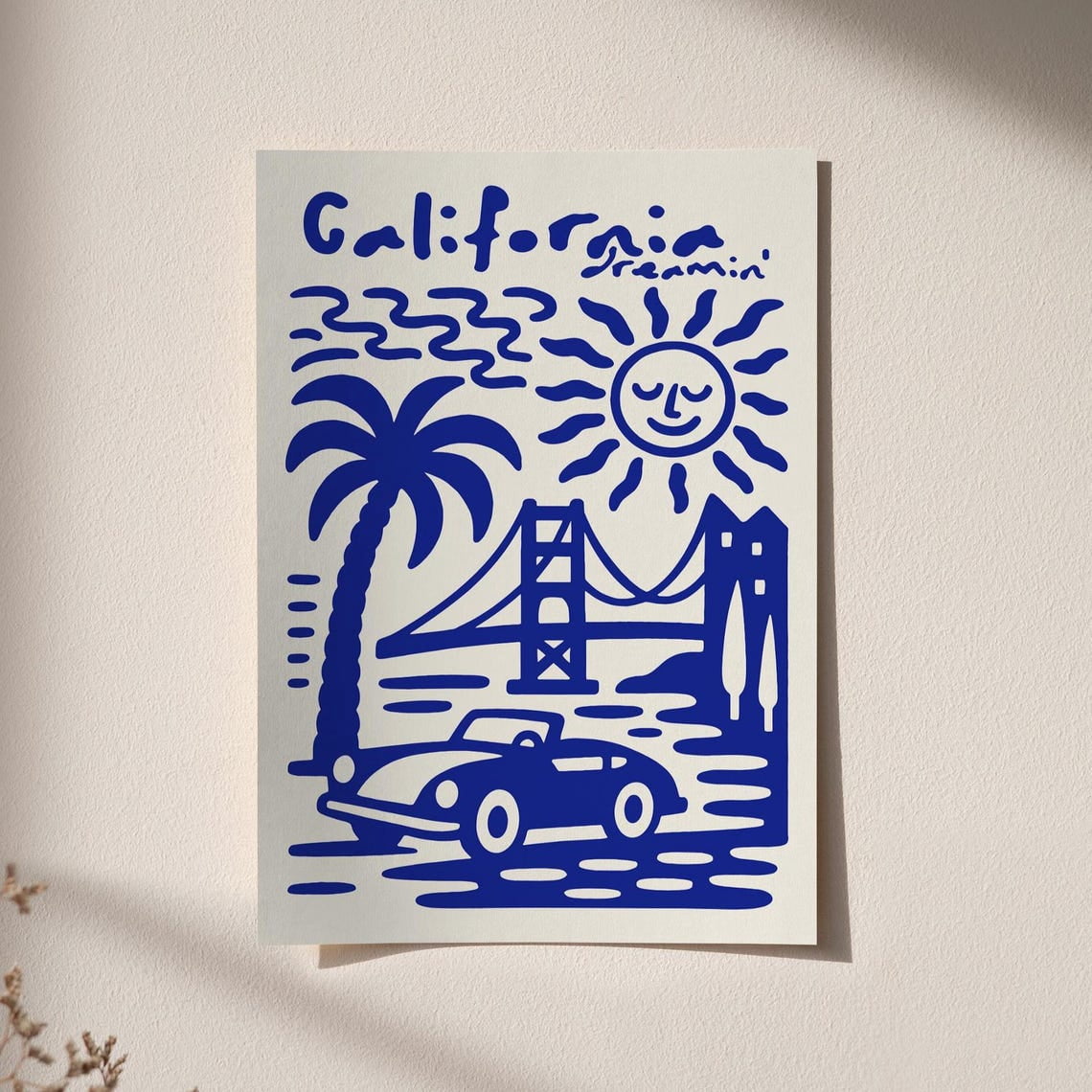 California Dreamin Blue Art Retro Travel Poster, Unframed Paper Poster ...