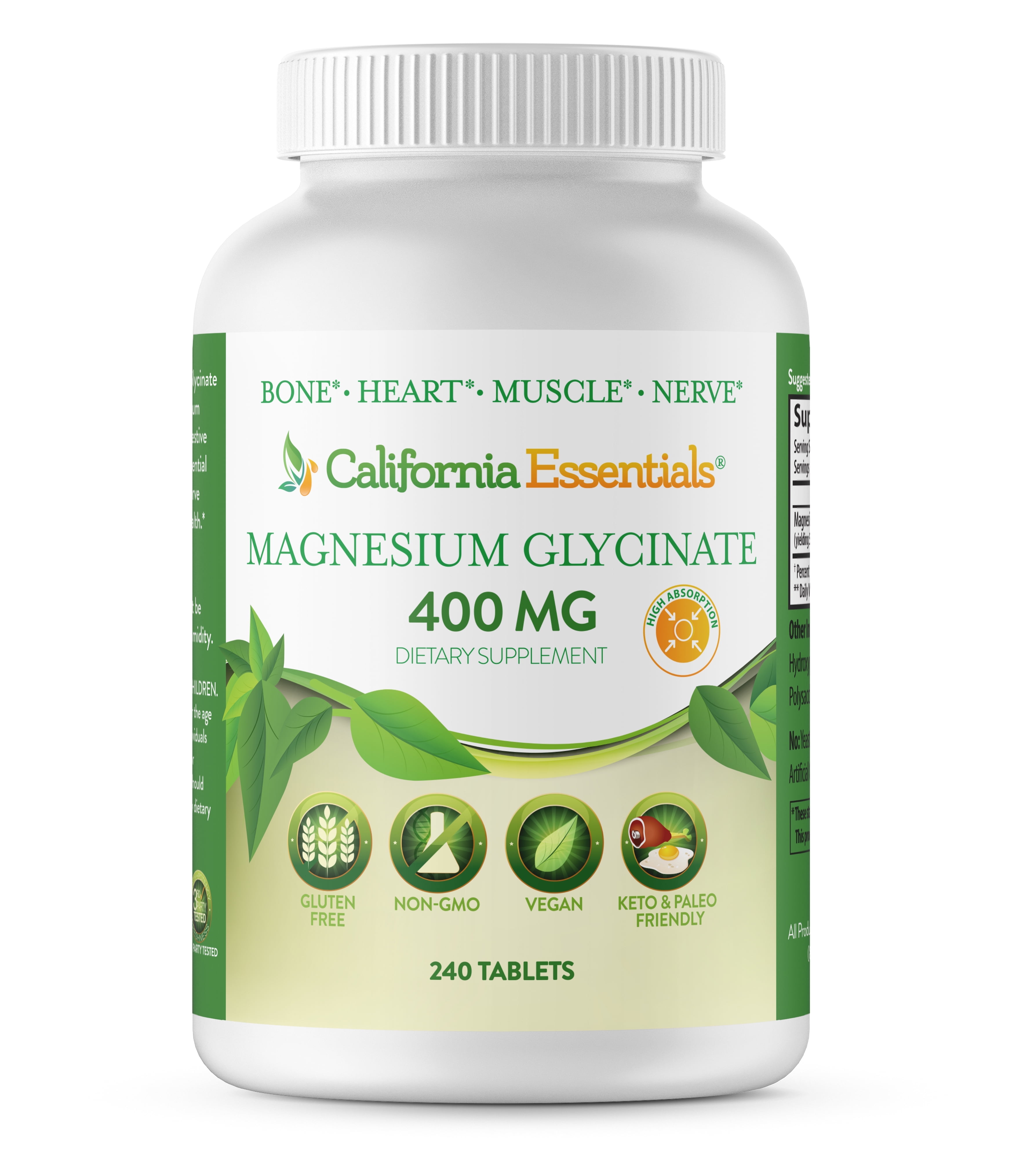 California Essentials Vegan Magnesium Glycinate 400mg, Dietary ...