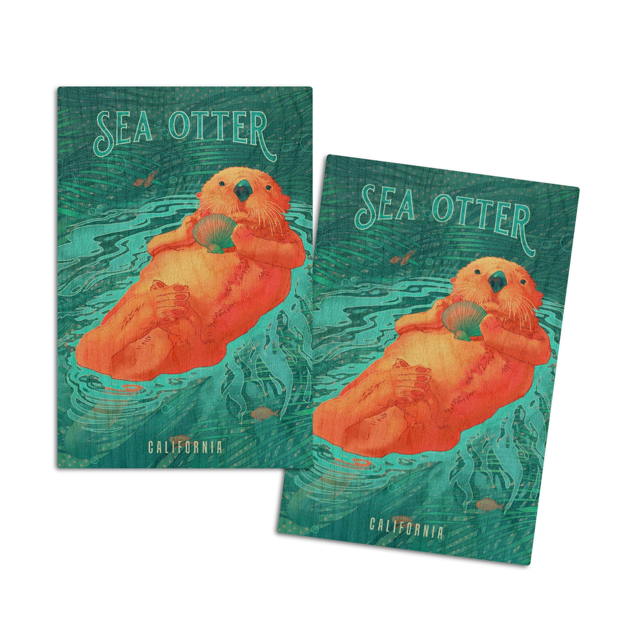 California, Fluid Linework, Sea Otter (4x6 Birch Wood Postcards, 2-Pack ...
