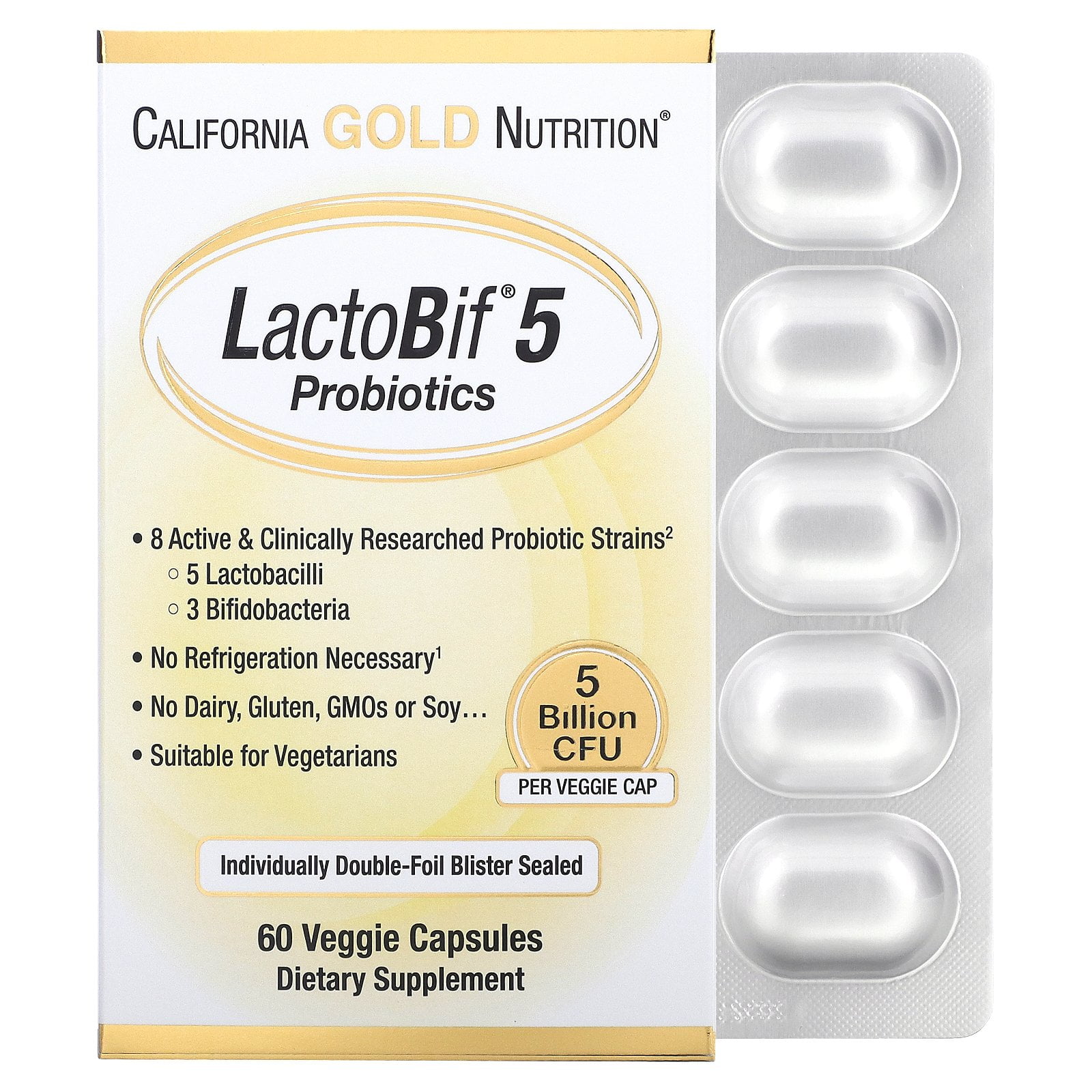 California Gold Nutrition LactoBif 5 Probiotics, 5 Billion CFU, 60 ...