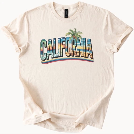 California Graphic T Shirt Palm Tree Sunset Beach Scene Soft Neutral ...