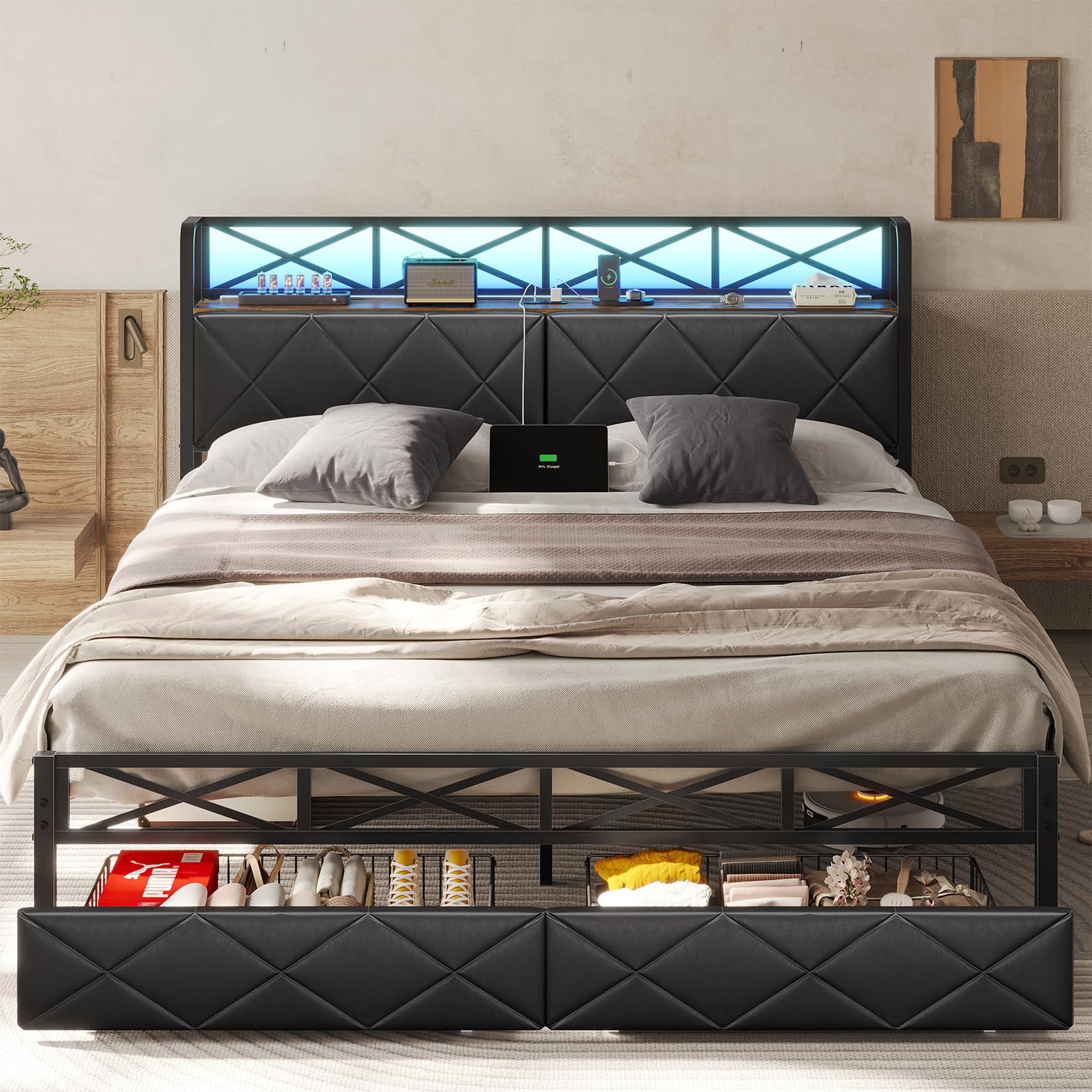 California King Bed Frame with Headboard&Storage Drawers, Faux Leather ...
