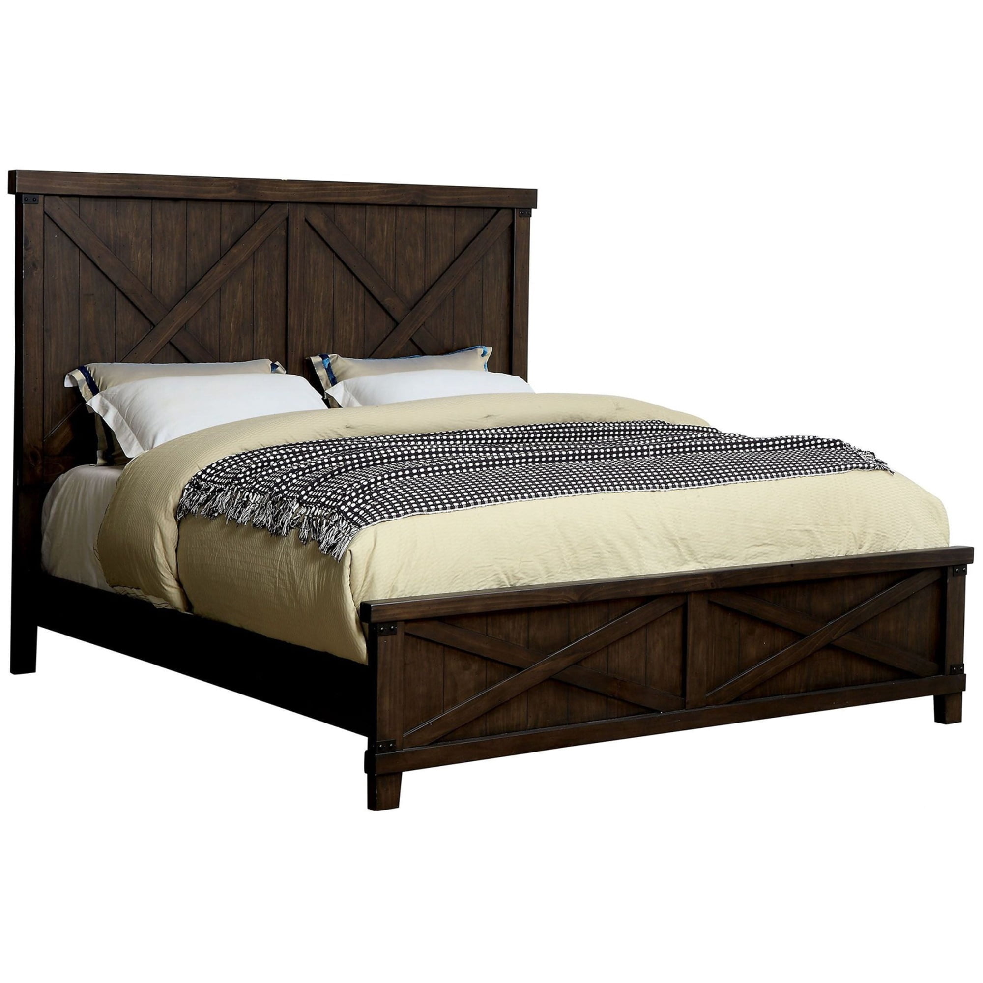 California King Bed with Plank Style X Shaped Details Dark Brown ...