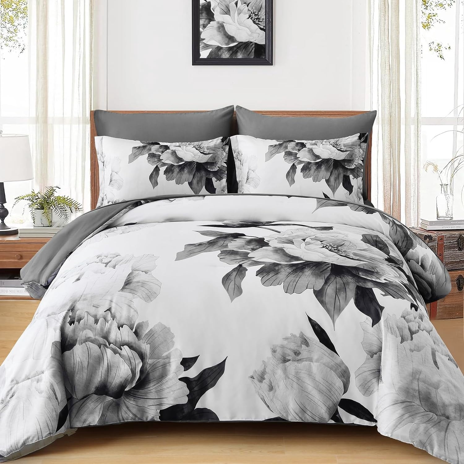 California King Comforter Set 7 Piece Bed in a Bag, Grey Floral Printed ...