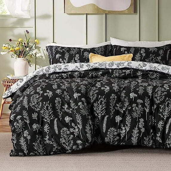 California King Comforter Set - Black Bed Set, 3 Pieces Cute Floral ...