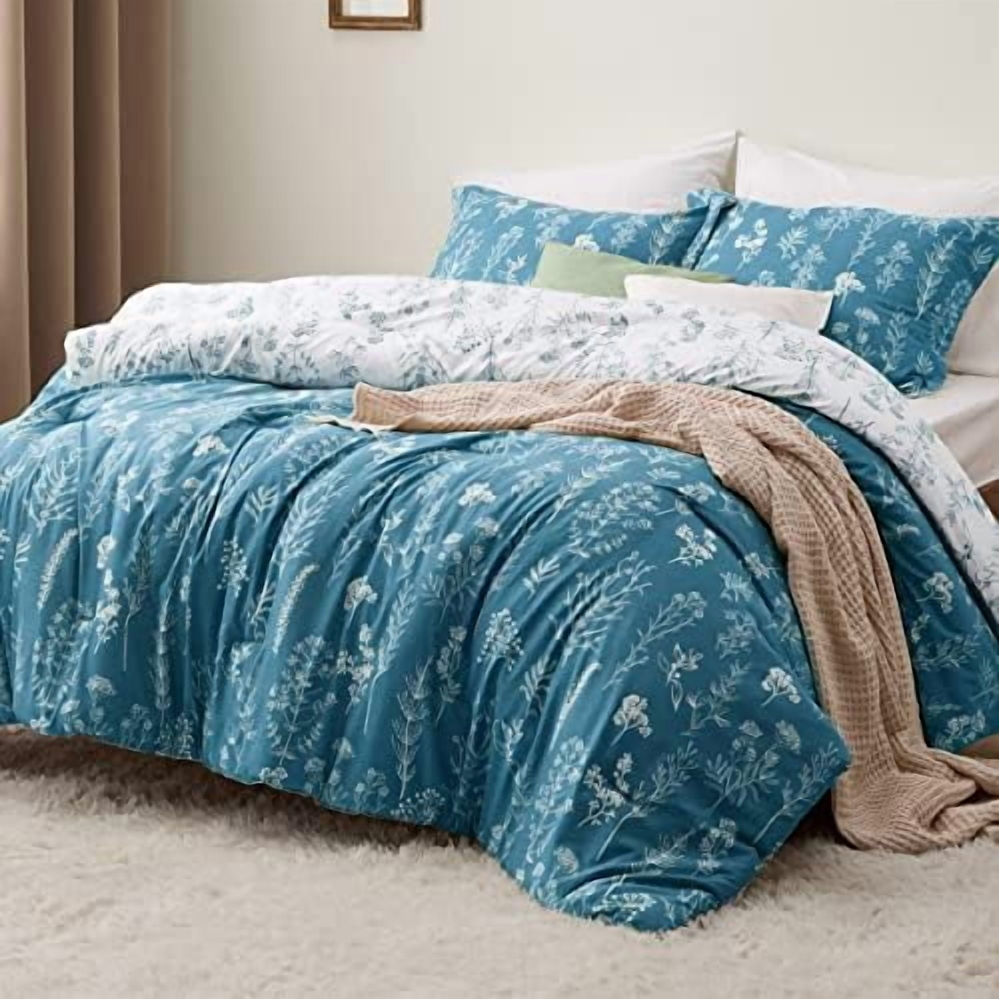 California King Comforter Set - Teal Blue Bed Set, 3 Pieces Cute Floral ...