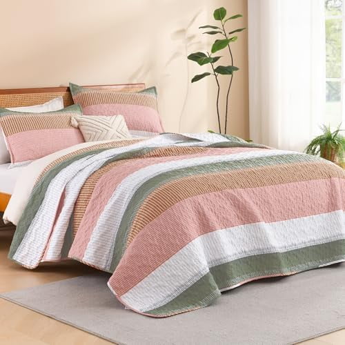 California King Quilt Set Pink, Green and White, Orange Stripe ...