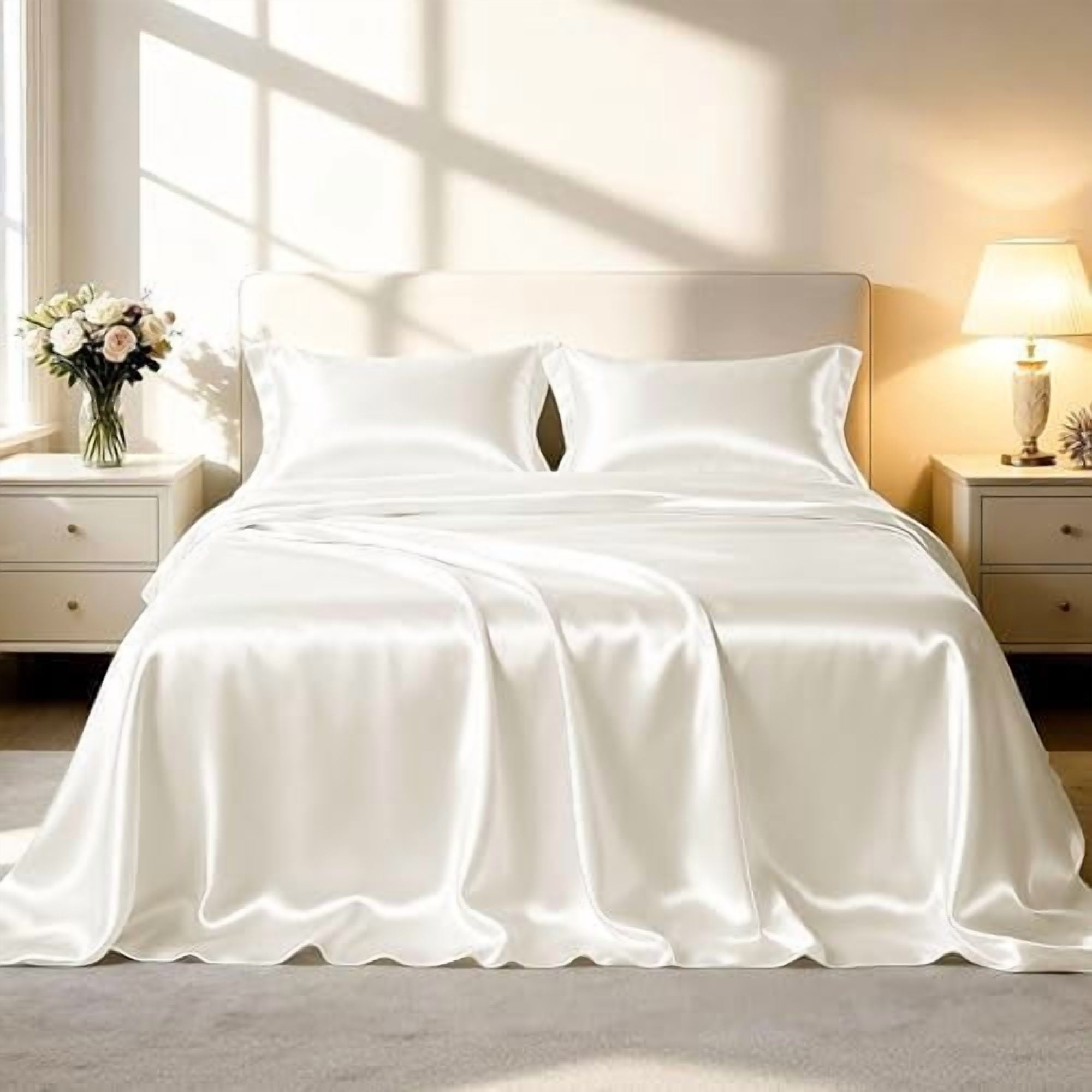California King Satin Sheet Sets - 4 Piece Ivory Silky Sheets Bed Set ...