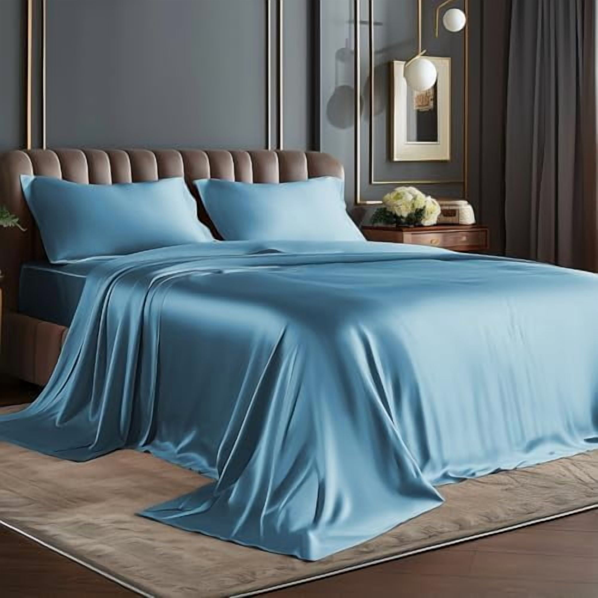California King Sheets Set, Luxury Soft Airy Blue Satin Sheets for Hair ...
