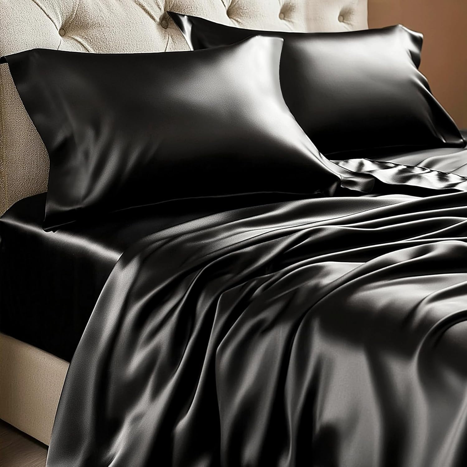 California King Sheets Set, Luxury Soft Gold Satin Sheets for Hair and ...