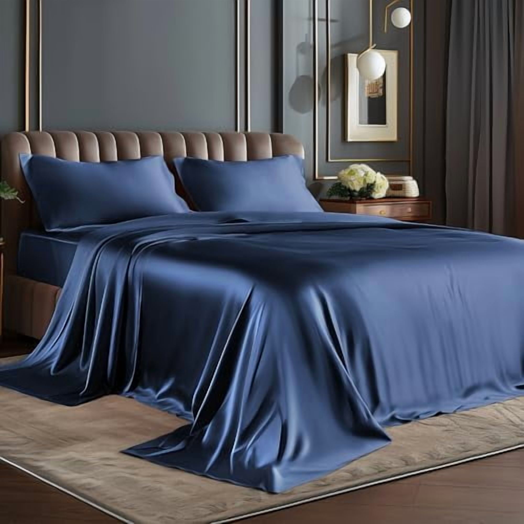 California King Sheets Set, Luxury Soft Navy Satin Sheets for Hair and ...
