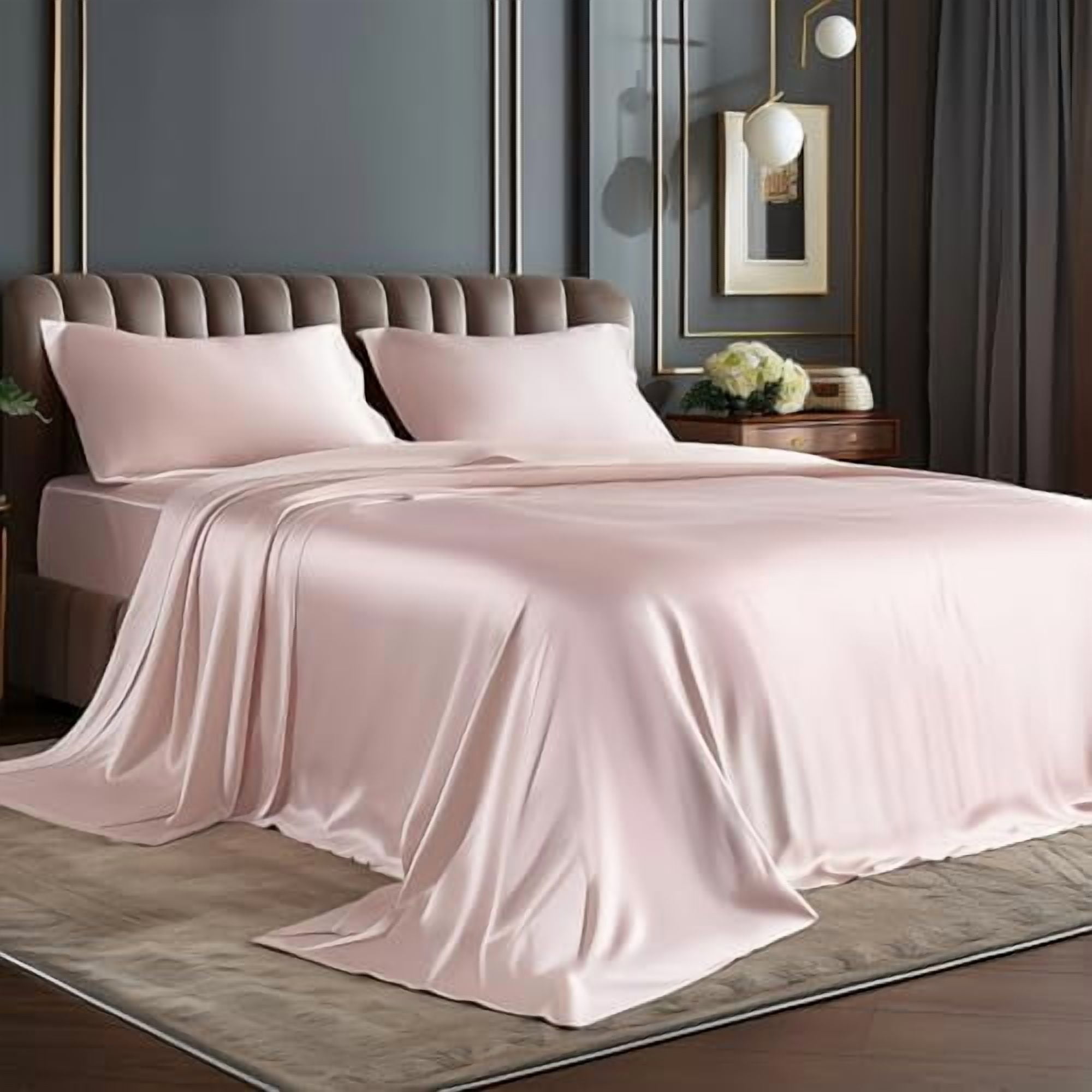 California King Sheets Set, Luxury Soft Pink Satin Sheets for Hair and ...