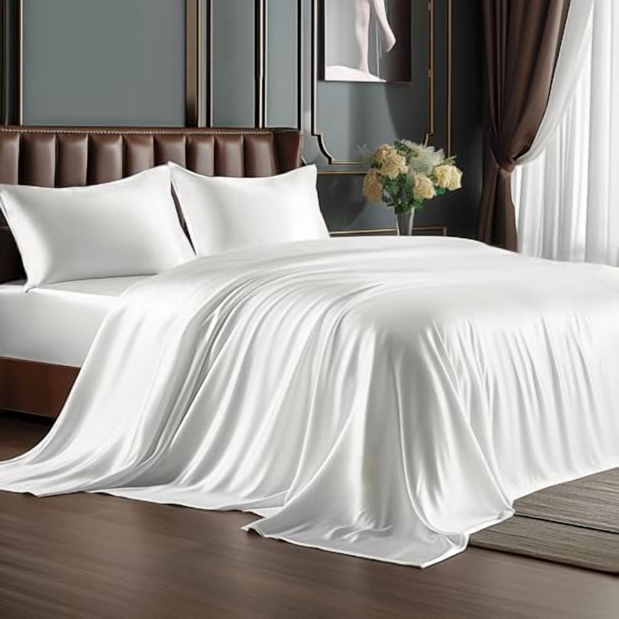 California King Sheets Set, Luxury Soft White Satin Sheets for Hair and ...