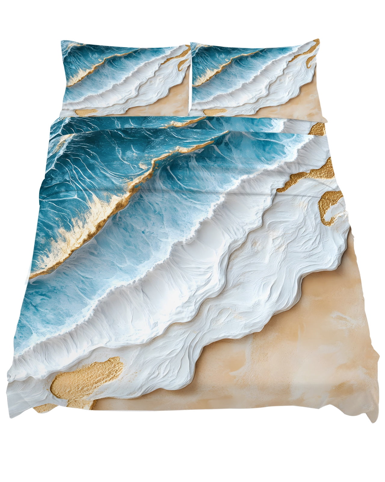 California King Size Abstract Waves Sheet Sets Gold Beach Blue Ocean ...
