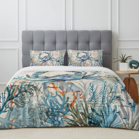 California King Size Duvet Cover 4 Piece Bedding Set Blue Crab Ocean ...