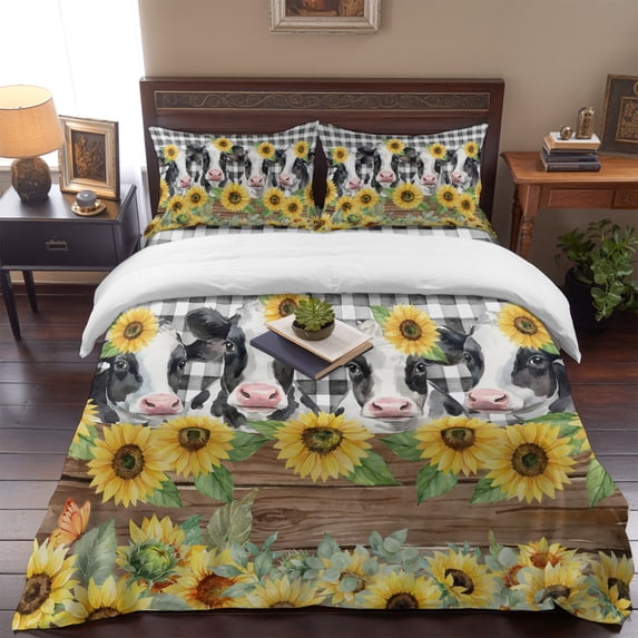 California King Size Duvet Cover 4 Piece Bedding Set Farm Cow Sunflower ...