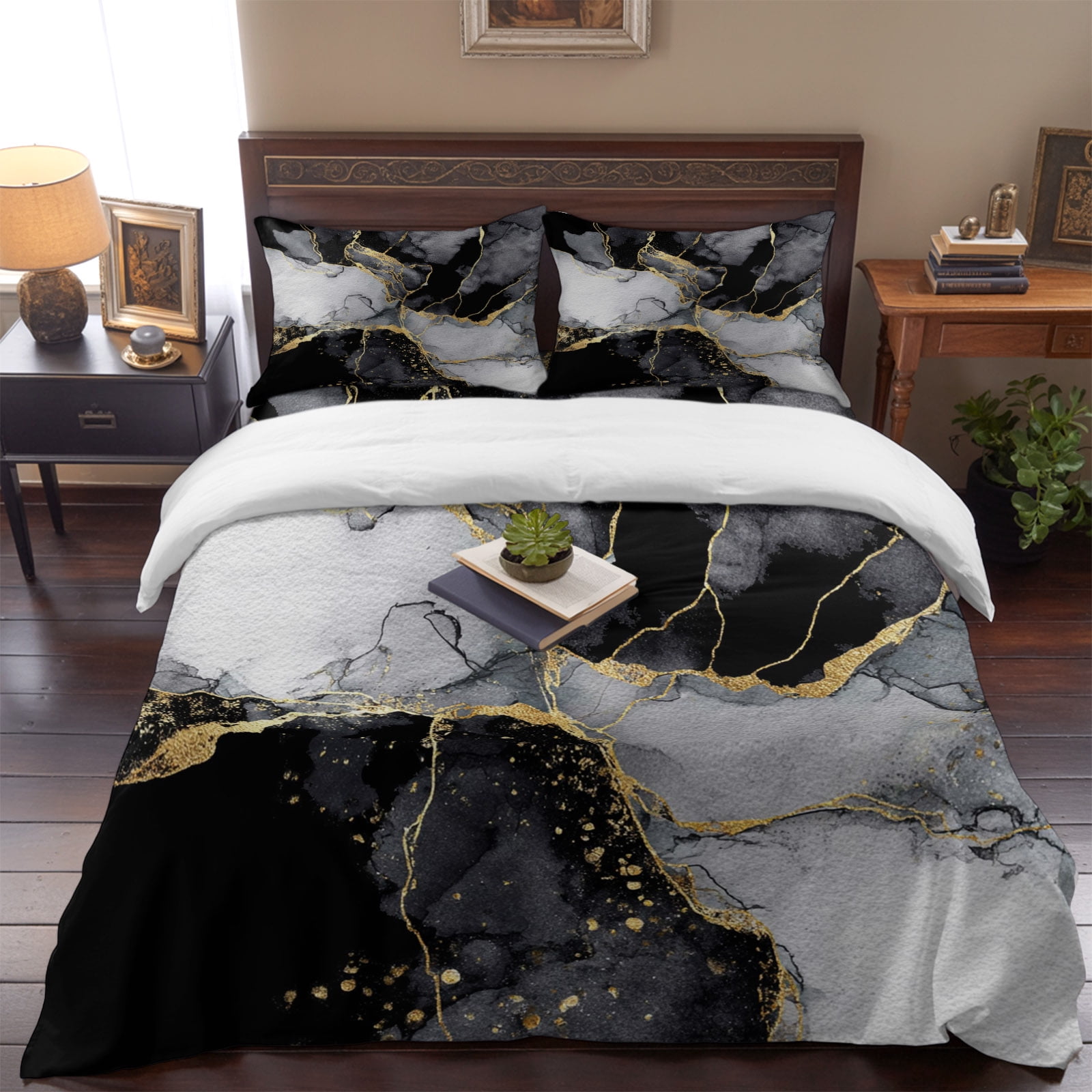 California King Size Duvet Cover 4 Piece Bedding Set Modern Black Gray ...